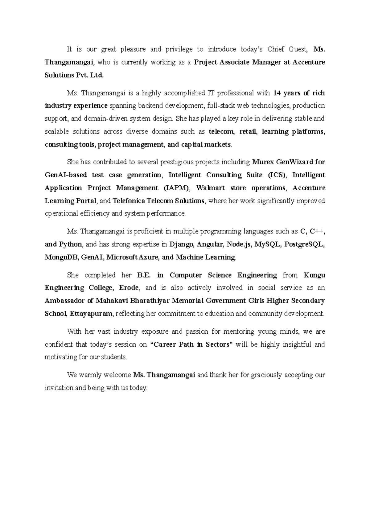 Chief Guest Intro: Ms. Thangamangai - Insights from an IT Leader - Studocu