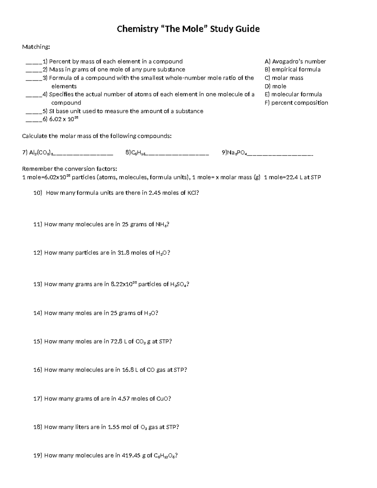 Unit 5 Study Guide: The Mole and Percent Composition in Chemistry - Studocu