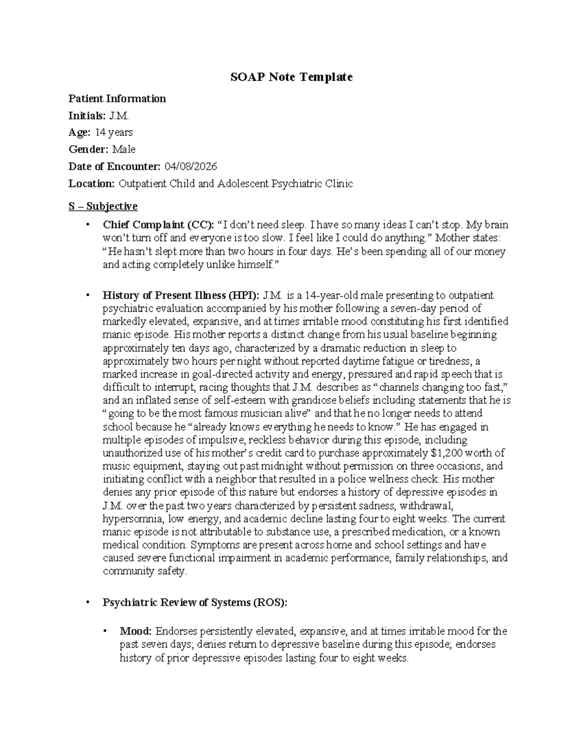SOAP Note Template: Bipolar I Disorder Assessment (Nursing Assignment ...