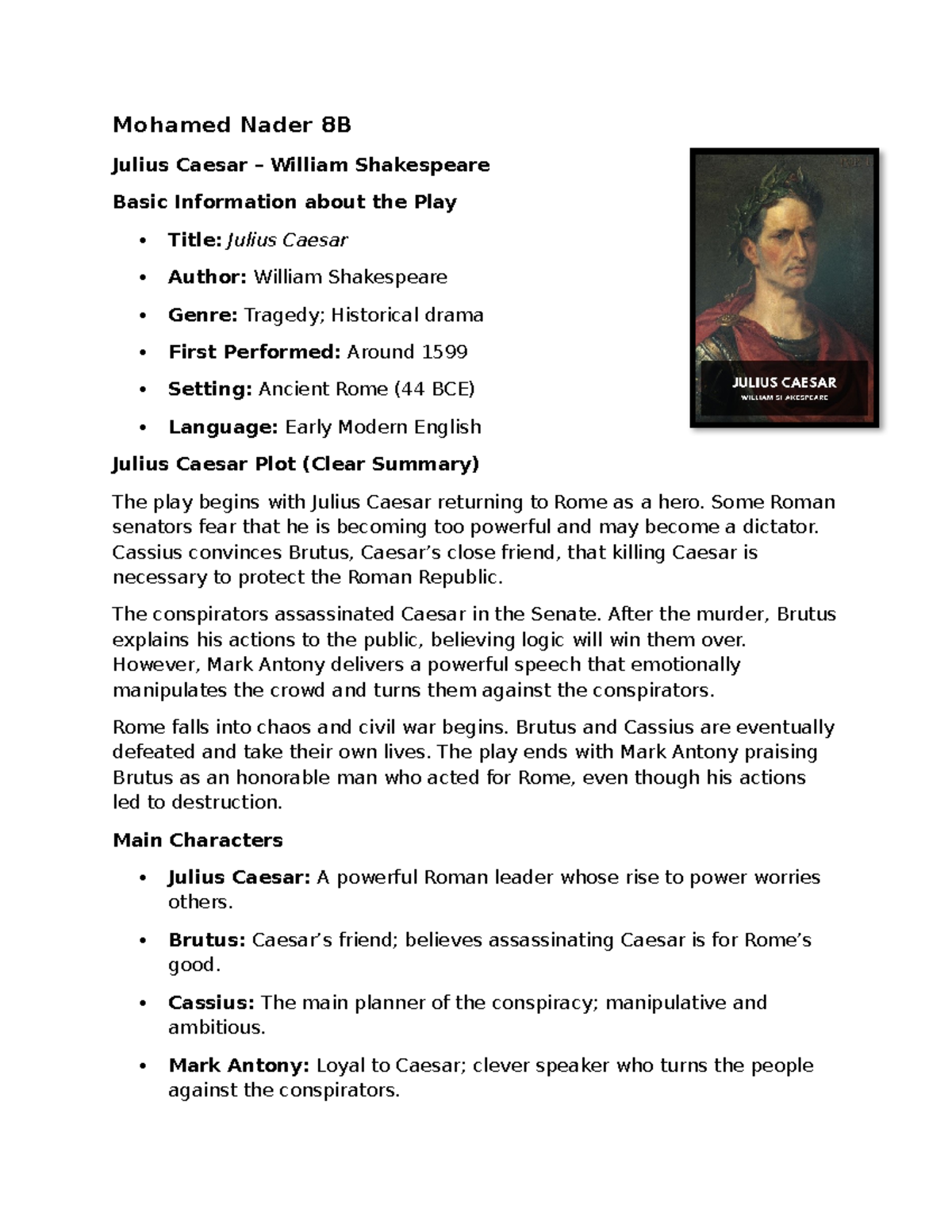 8B Julius Caesar: A Study of Shakespeare's Historical Drama - Studocu