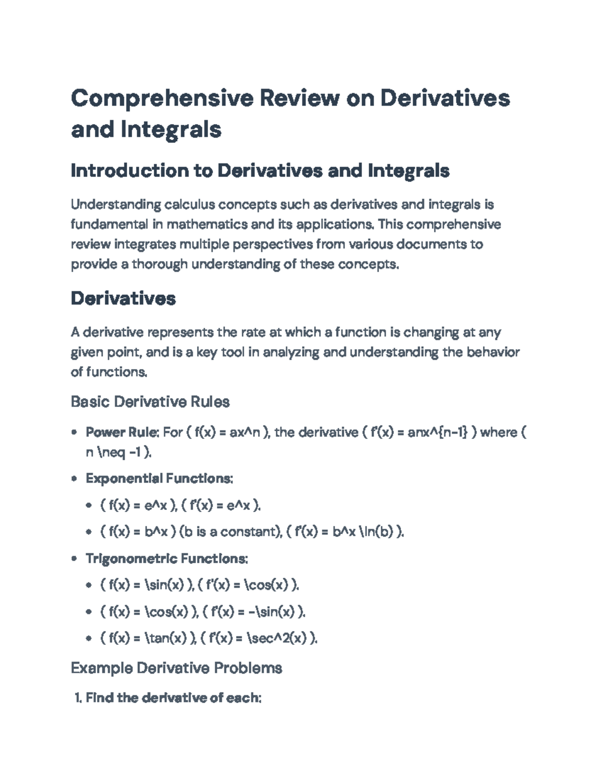 Comprehensive Review of Derivatives & Integrals: Concepts ...