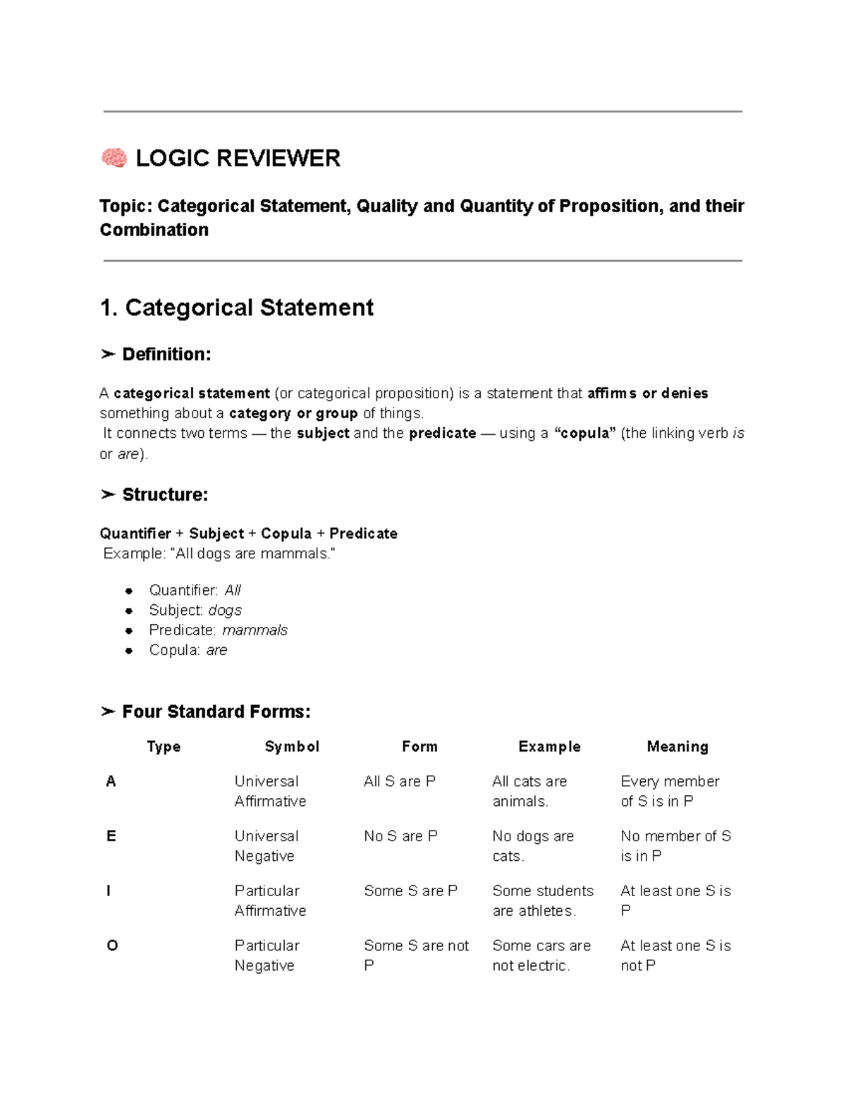 Logic Reviewer (WEEK 1): Categorical Statements & Propositions - Studocu