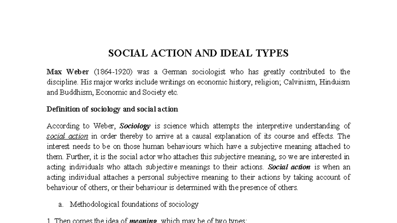 SOC 101: Social Action and Ideal Types in Weber's Sociology - Studocu