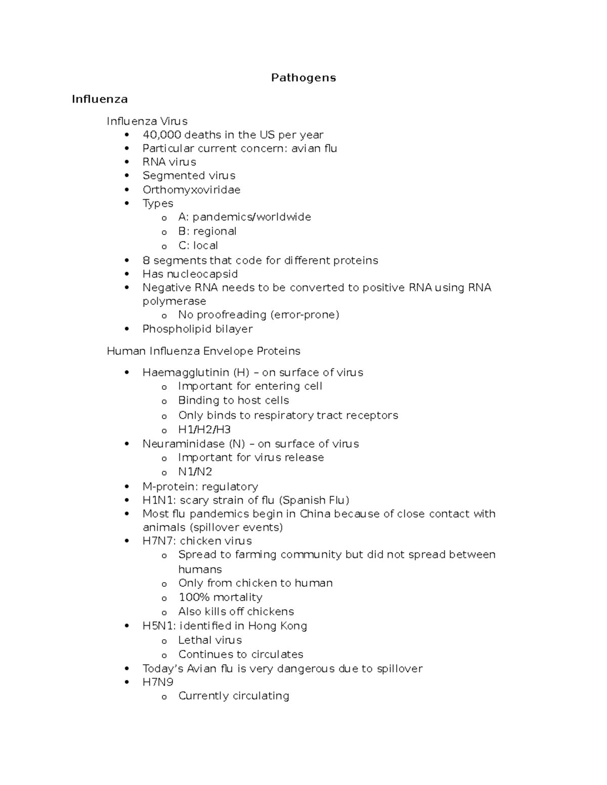 Pathogens Study Guide - Brief notes - Pathogens Influenza Influenza ...