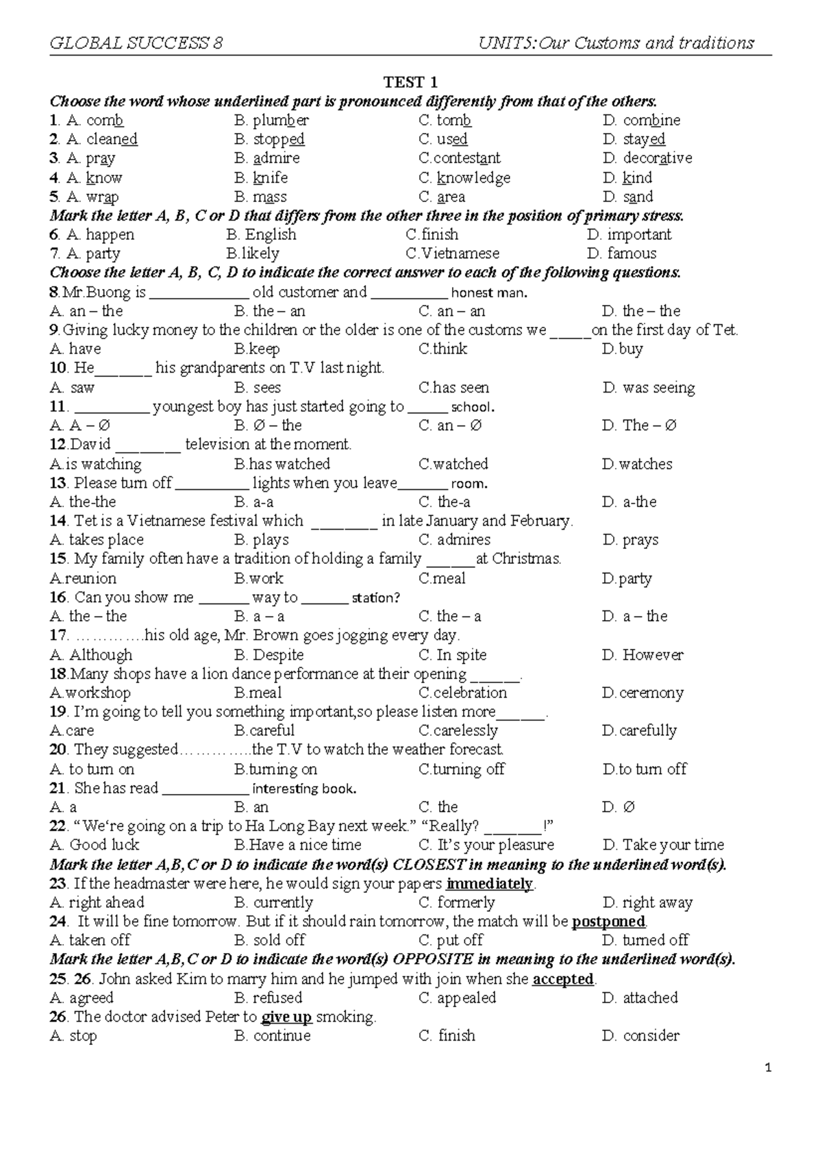 GLOBAL SUCCESS 8 UNIT 5: Our Customs and Traditions Practice Test - Studocu