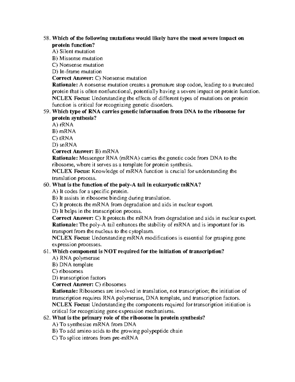 Genetics Test Bank: NCLEX Focus on Mutations & mRNA Functions - Studocu