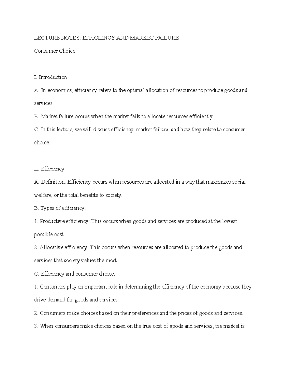 Lecture Notes Efficiency and Market Failure - LECTURE NOTES: EFFICIENCY ...