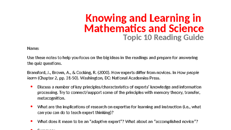 KL 10 Reading Guide: Understanding Expert vs. Novice Learning - Studocu