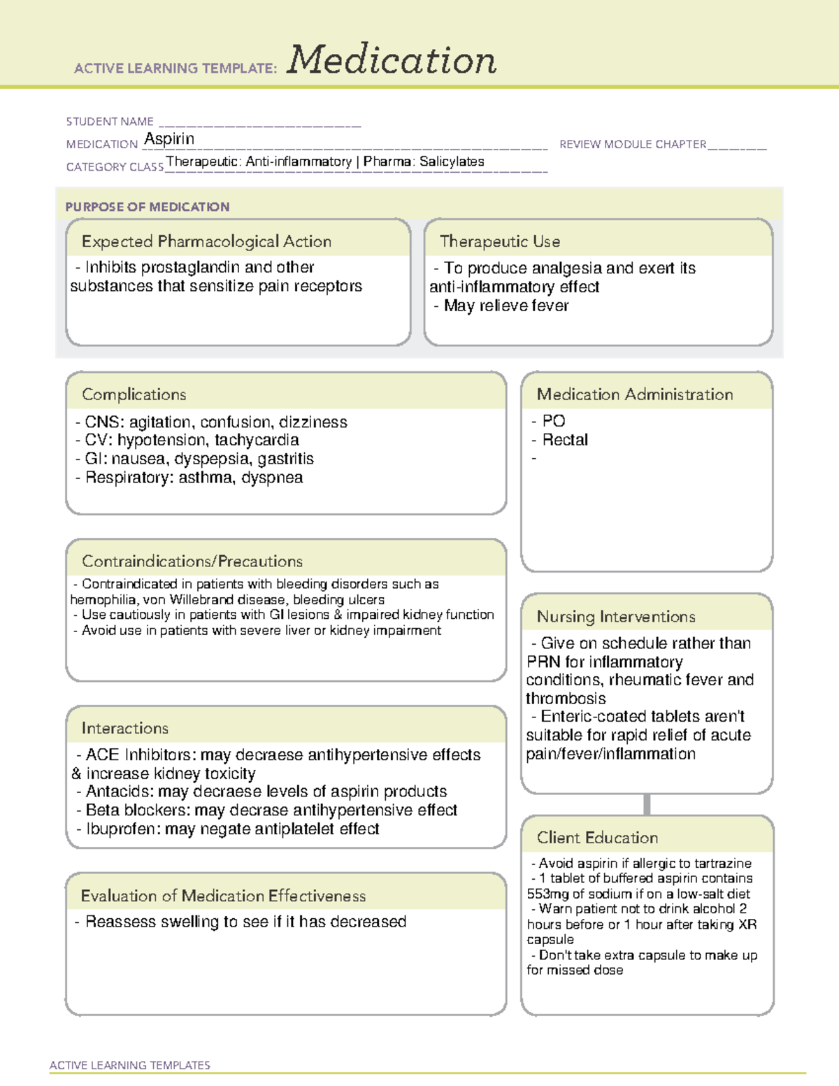Aspirin drug card: Active learning template for Pharma class - Studocu