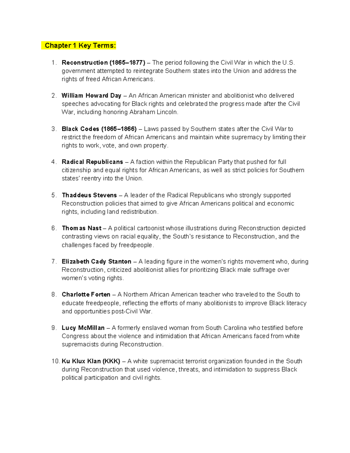 U.S. History Key Terms: From Reconstruction to the Roaring Twenties ...