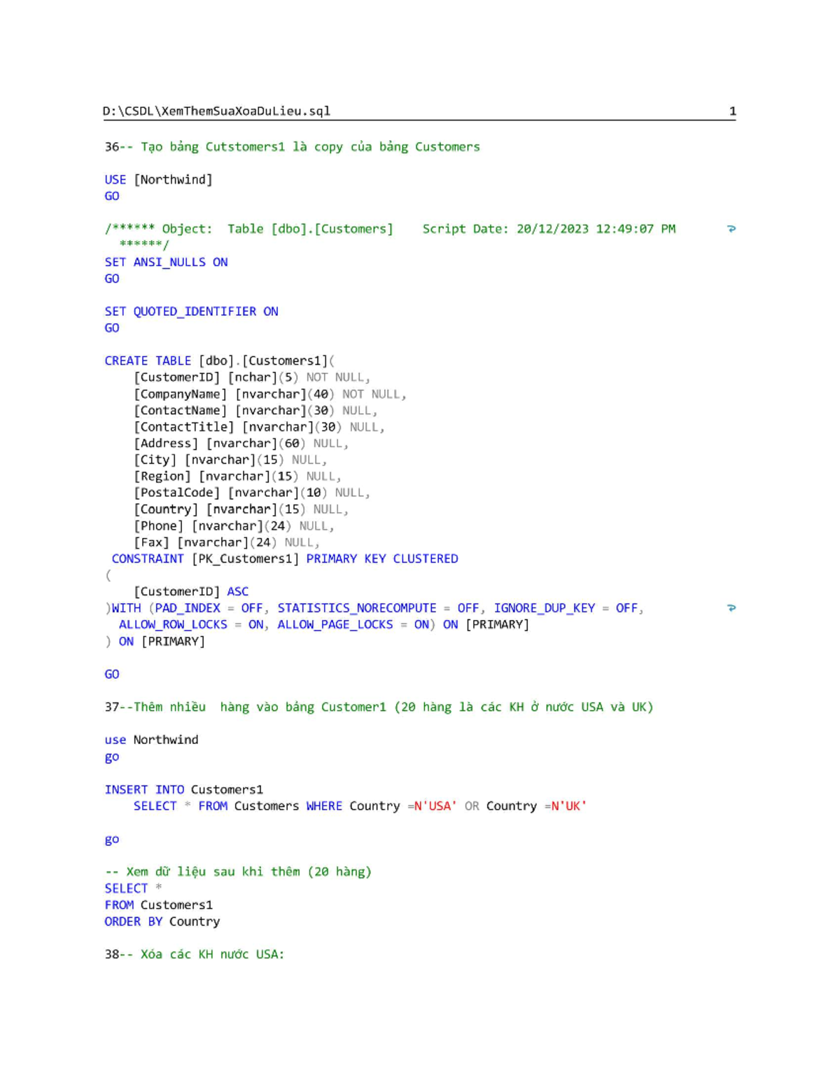 Bai Giai Them Sua Xoa Du Lieu Cau36Den Cau 43 SQL H - Lập trình CSDL ...