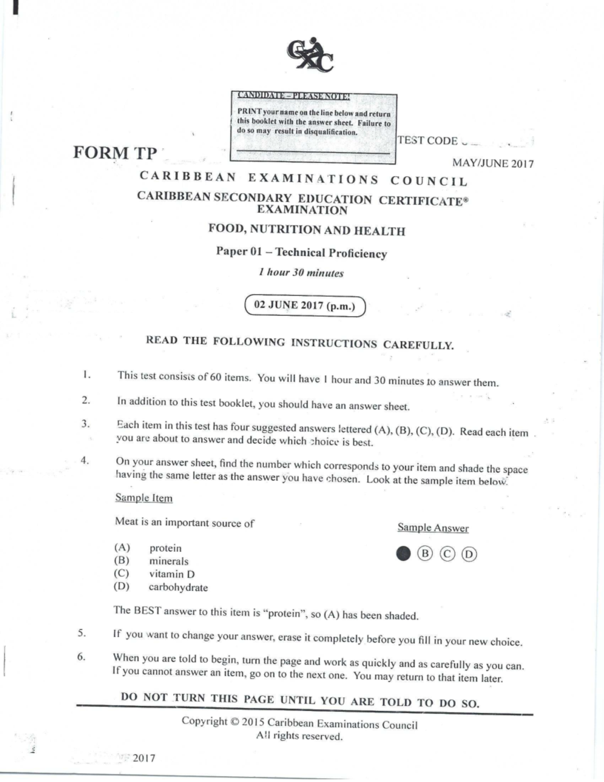 FNH 2017 MJ - CSEC Food, Nutrition and Health Exam Instructions and ...