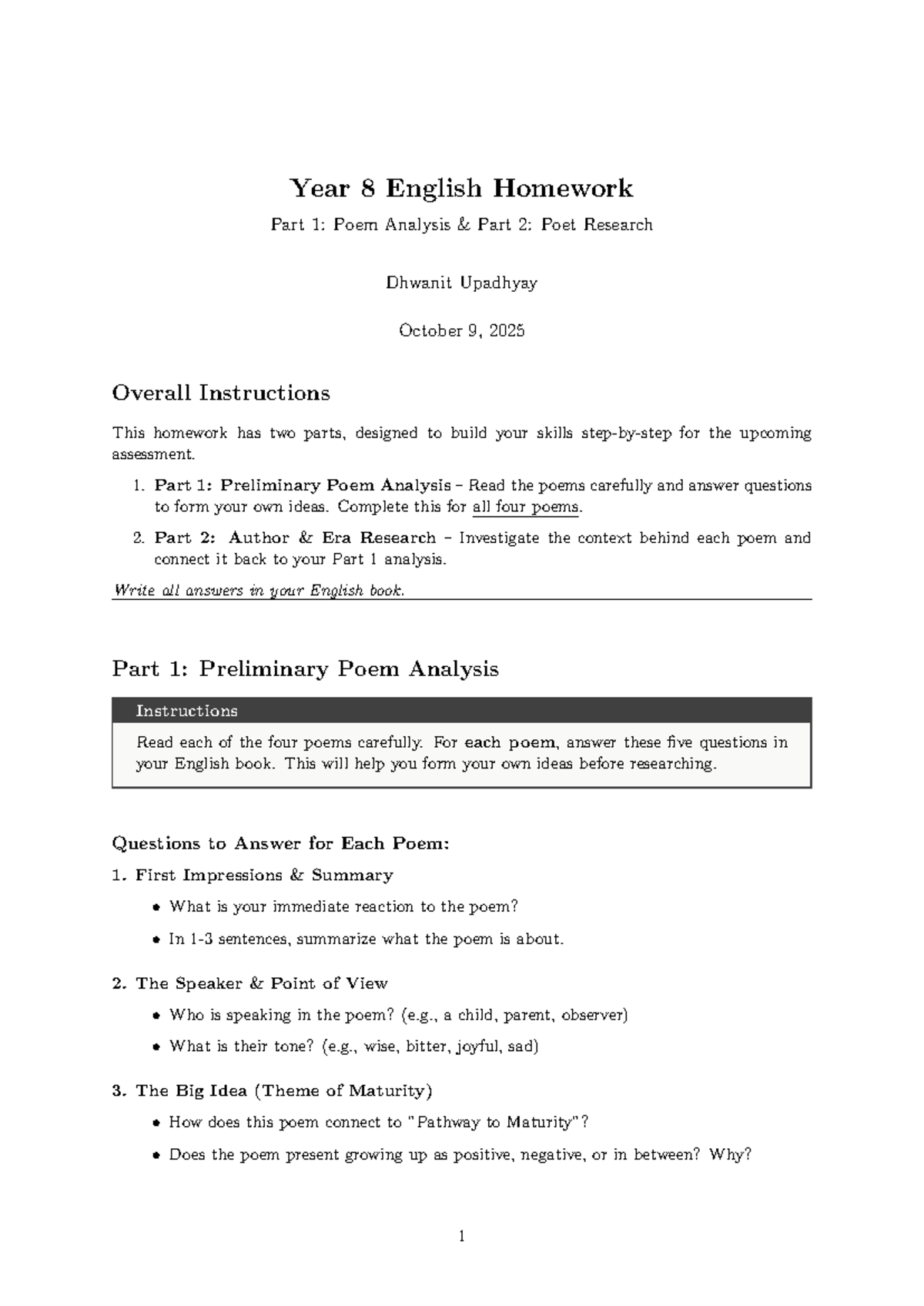 Year 8 English Homework: Poem Analysis & Poet Research - Studocu
