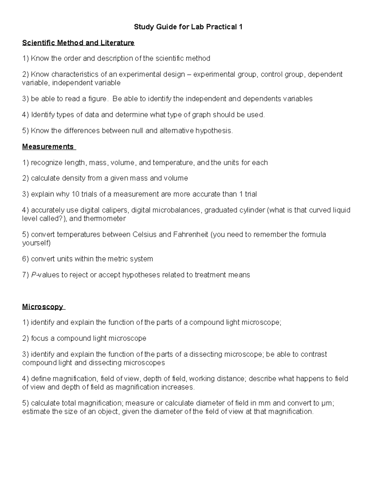 Lab Practical 1 Study Guide: Scientific Method & Measurements Fall 2024 ...