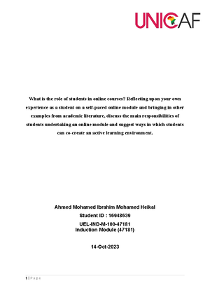 [Solved] 1 What is the role of students in online courses - Induction ...