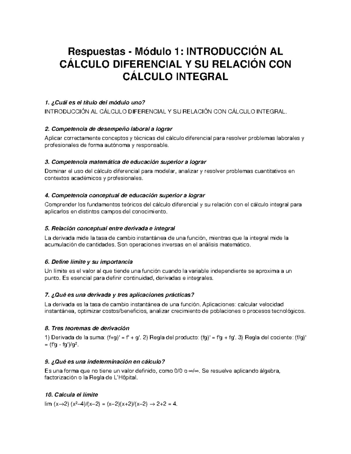 Respuestas Módulo 1: Introducción al Cálculo Diferencial y Integral - Studocu