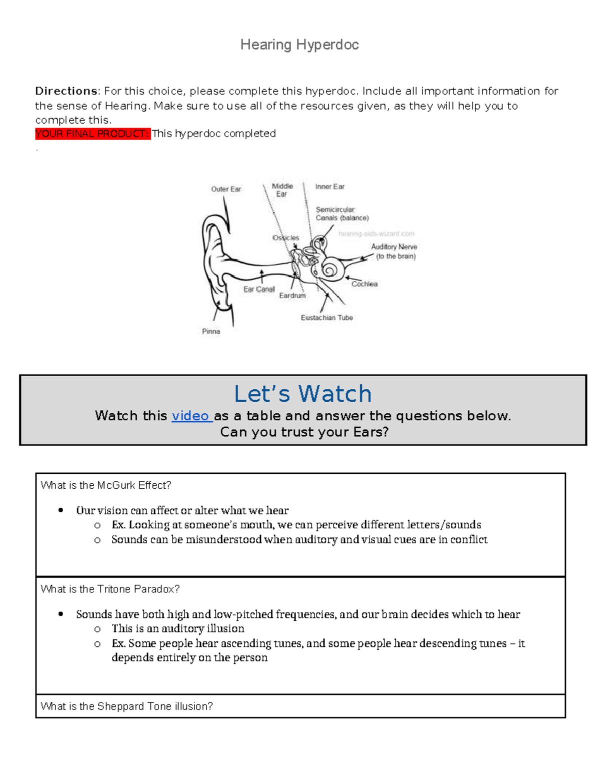 Hearing Graphic Organizer - Hearing Hyperdoc Directions: For this ...