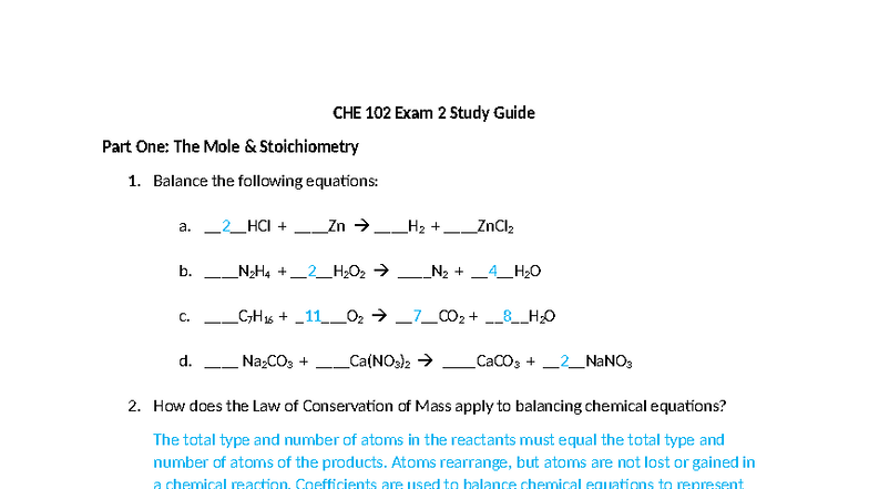 CHE 102 Exam 2 Study Guide: Mole Stoichiometry & Reactions - Studocu