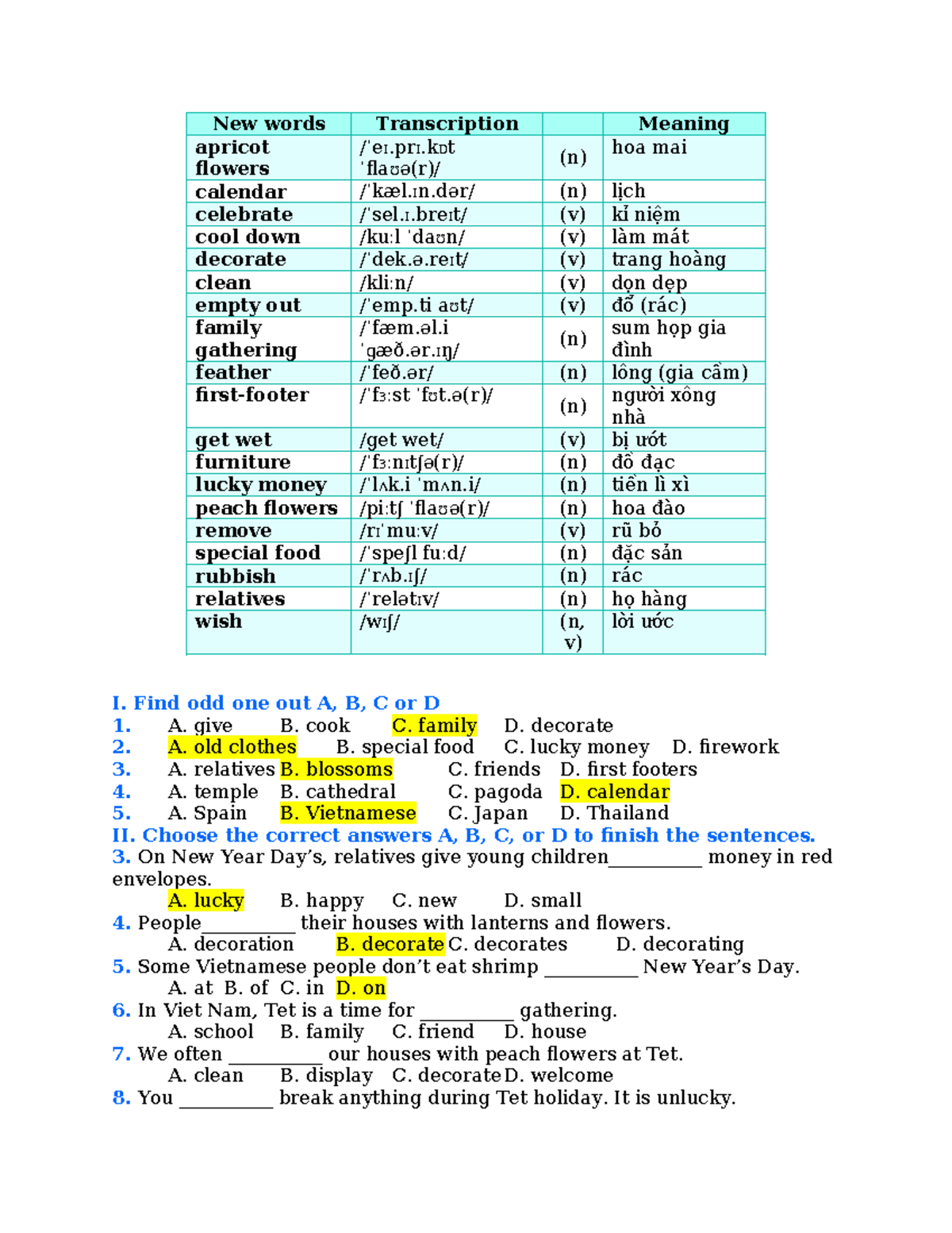 Unit 6 - Vocabulary & Exercises for Grade 6 (Lớp 6) - Studocu
