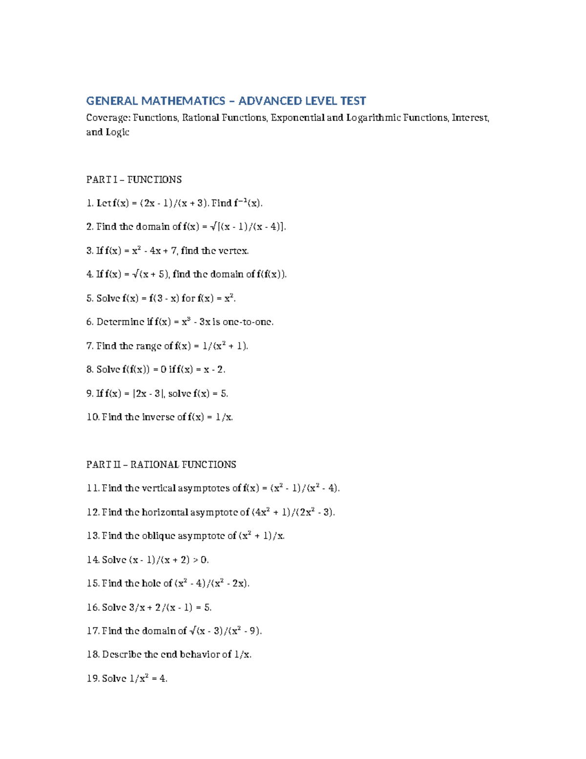General Mathematics Advanced Level Test: Functions & More - Studocu