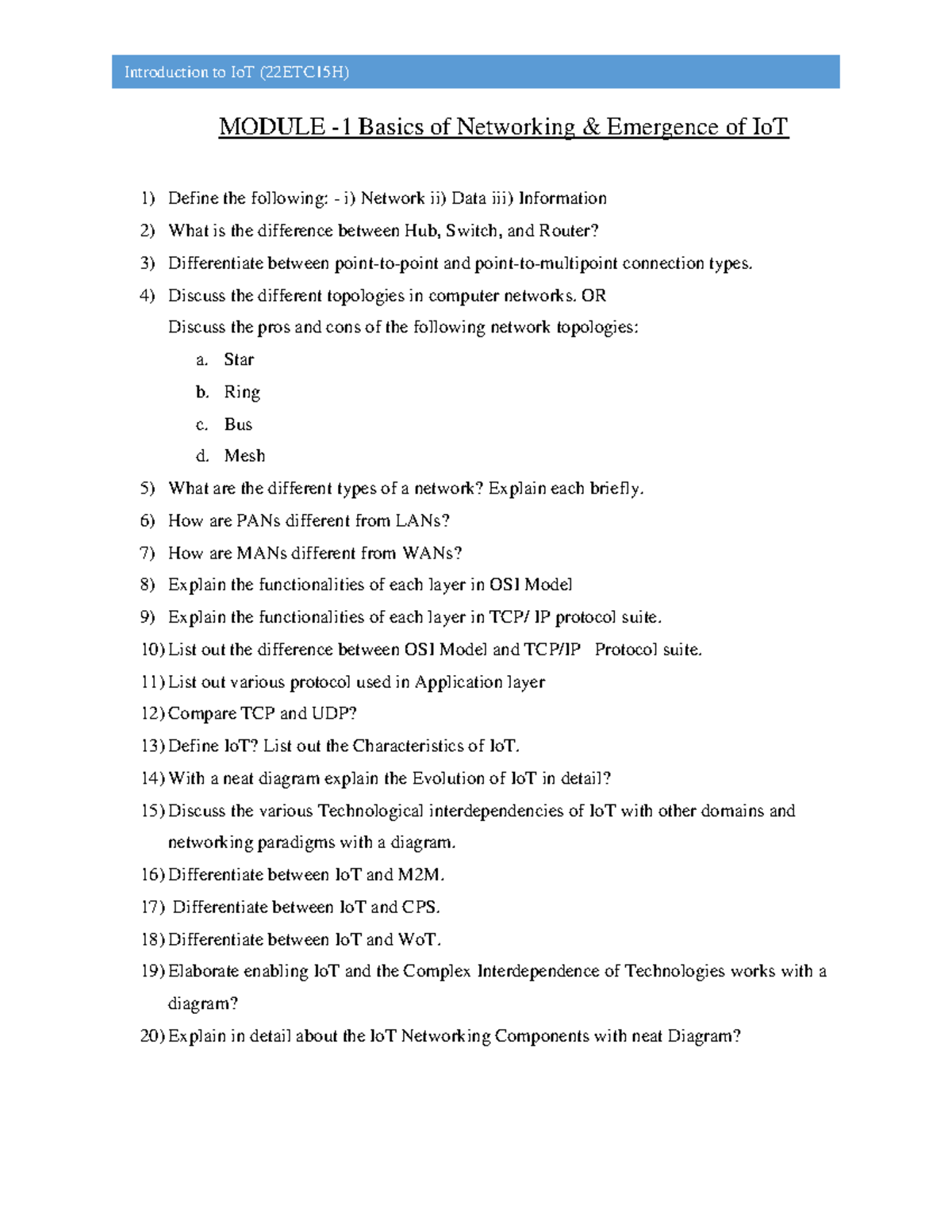 Io T-Module 1-Question Bank - Introduction to IoT (22ETC15H) MODULE -1 ...