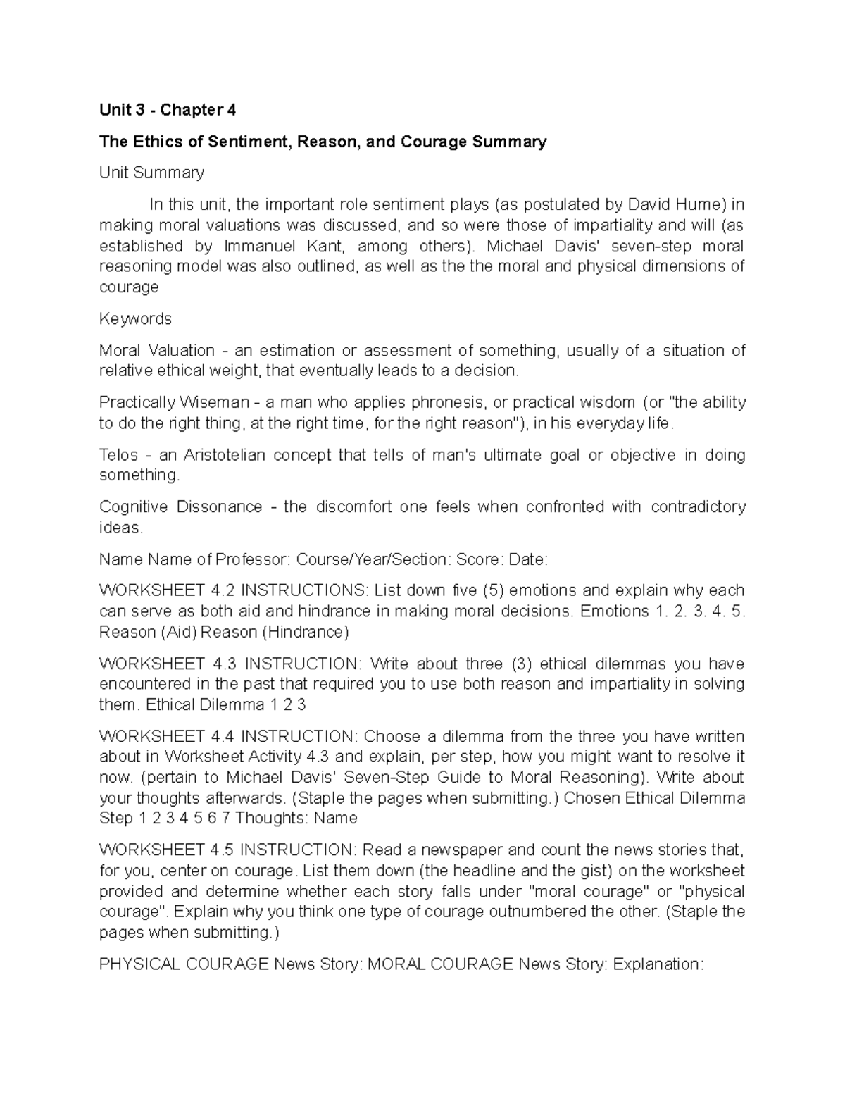 Unit 3: Summary of Ethics in Sentiment, Reason & Courage Concepts - Studocu