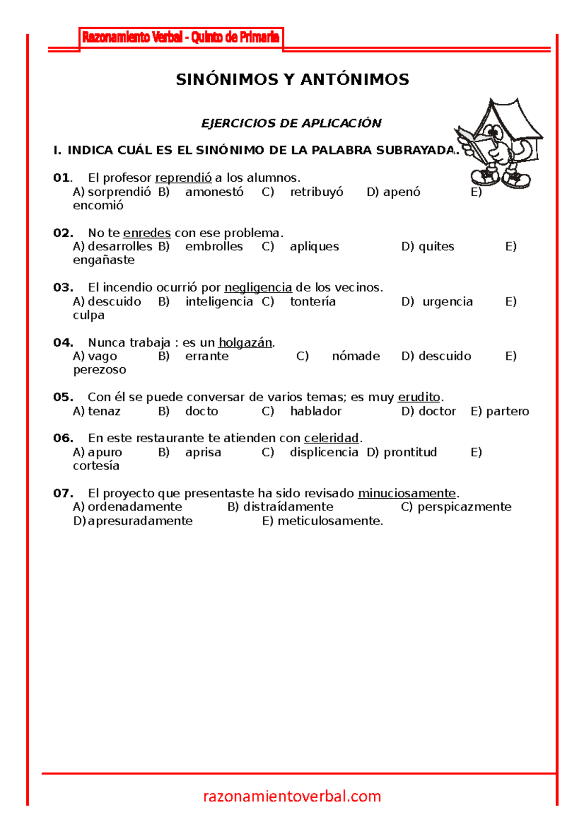 Hojas De Trabajo De Sinónimos Y Antónimos De Quinto Grado