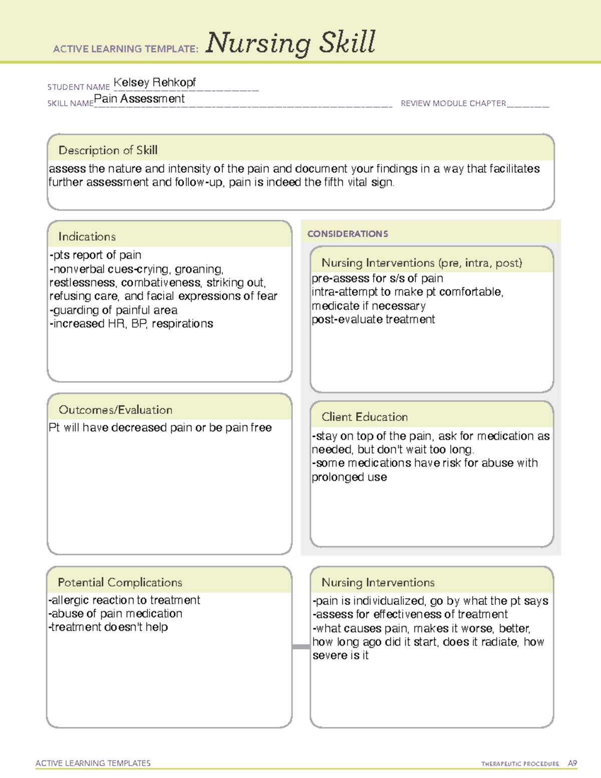 Pain Assessment - ATI Active Learning Template for Nursing Skills - Studocu
