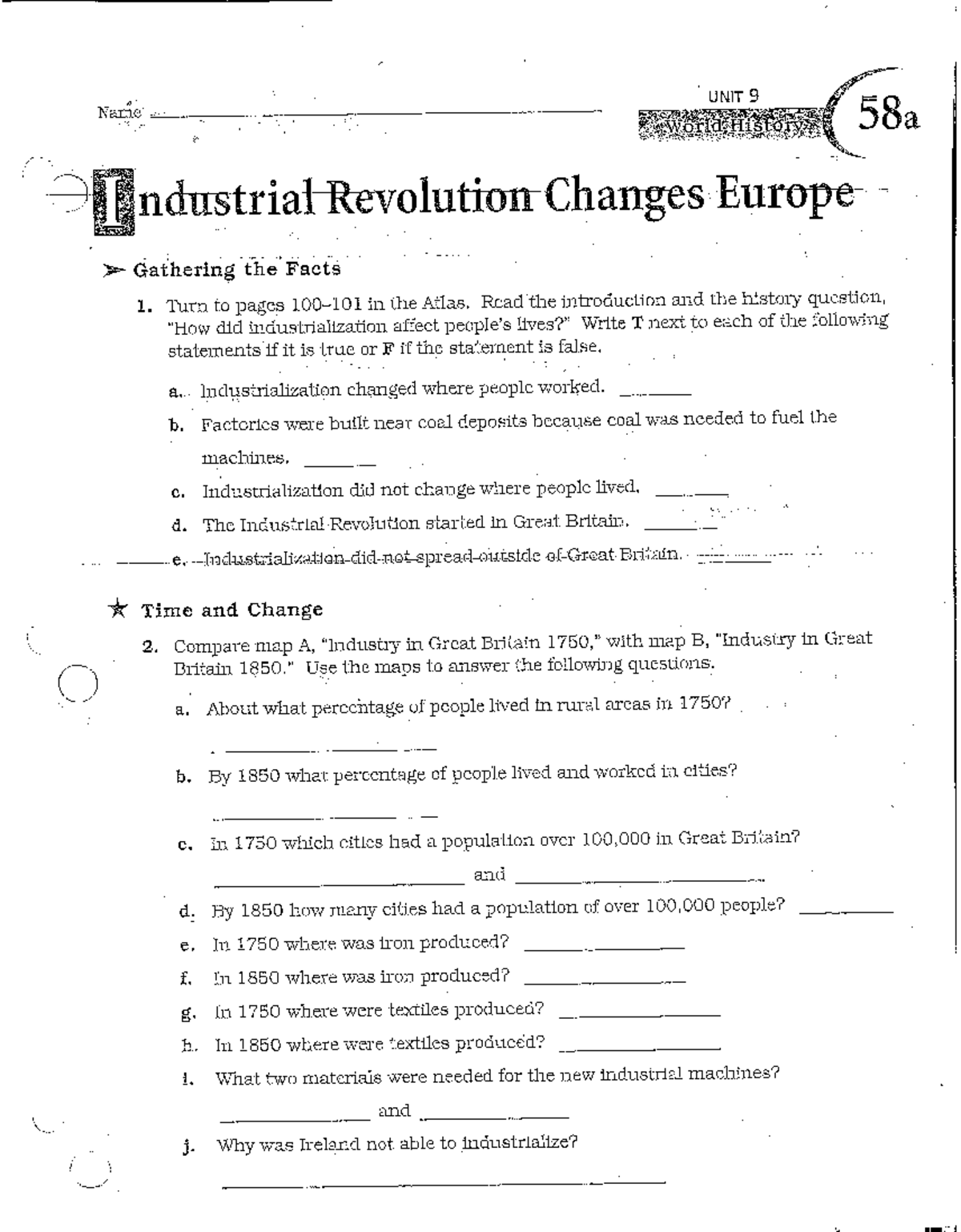 Industrial Revolution atlas page - UNIT 9 Name World History 58a I ...