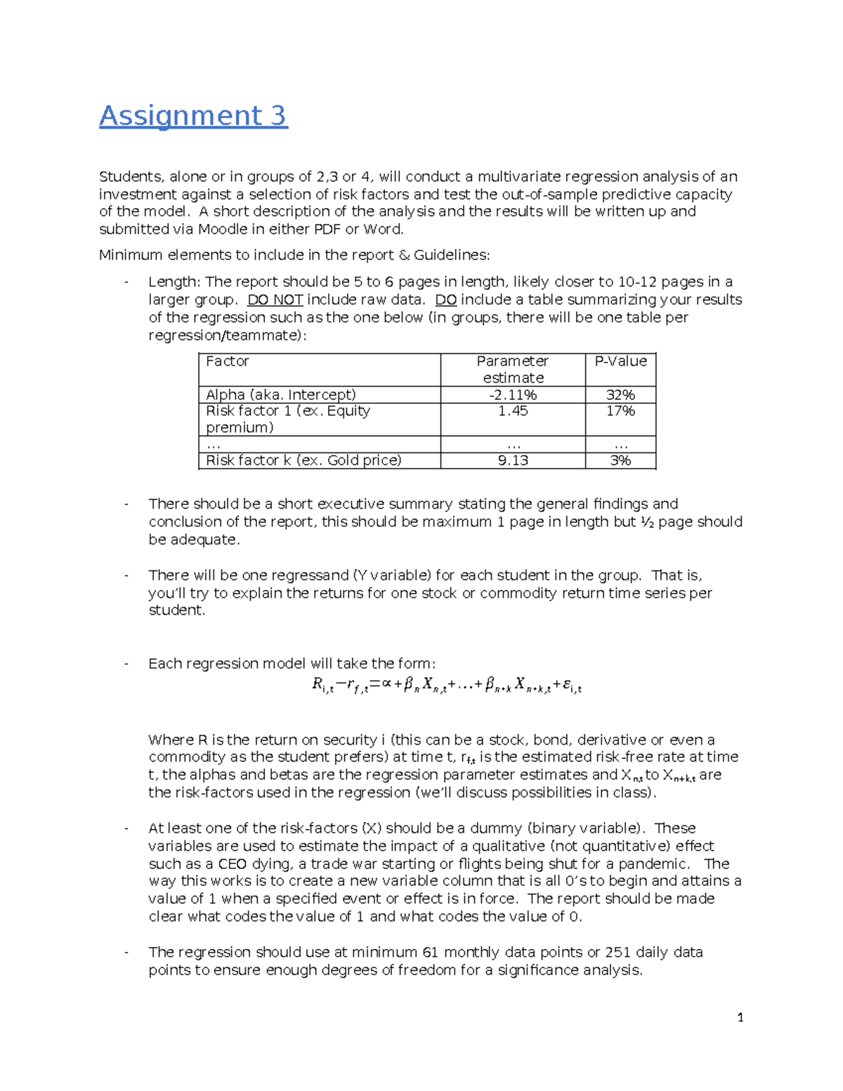 Assignment 3 FINA 385: Multivariate Regression Analysis Guide - Studocu