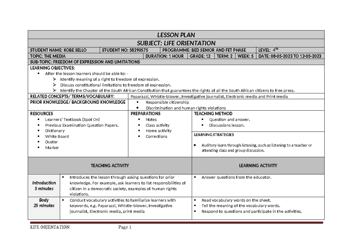 LO Grade 12 Lesson Plan: Freedom of Expression & Its Limitations - Studocu