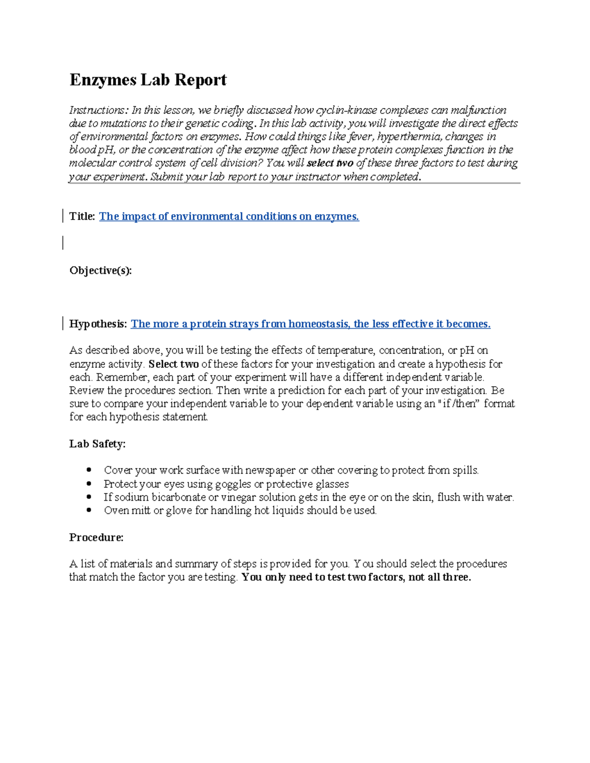 04 06 Enzymes Lab Report: Effects of Environmental Factors on Activity ...