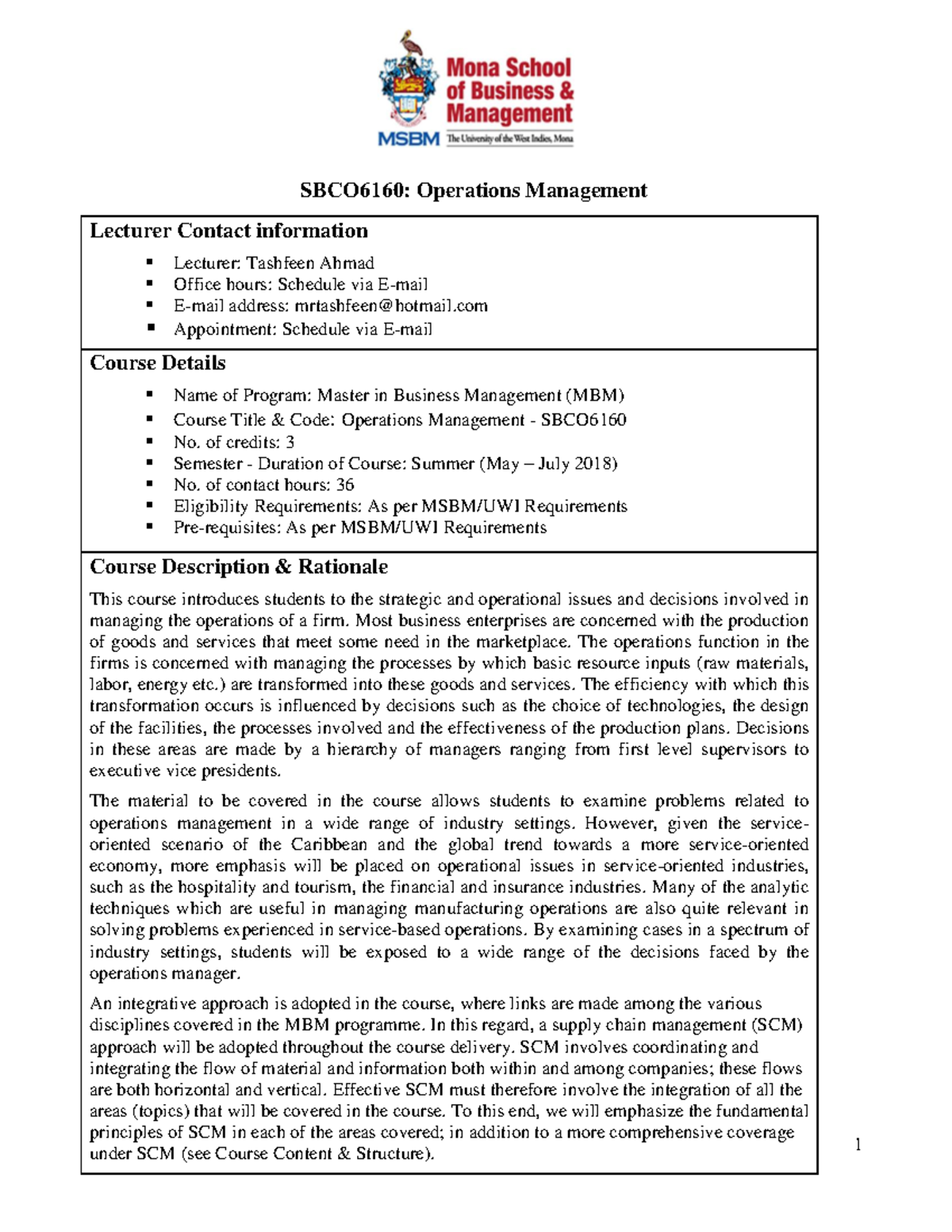 SBCO6160 - Operations Management Course Overview and Learning ...