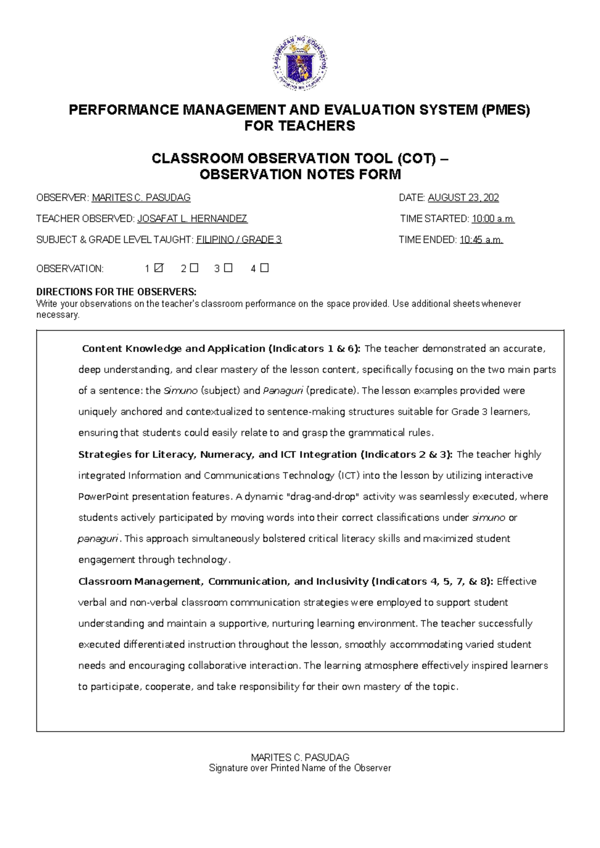 PMES COT Observation Notes for Teacher Josafat L. Hernandez - Studocu
