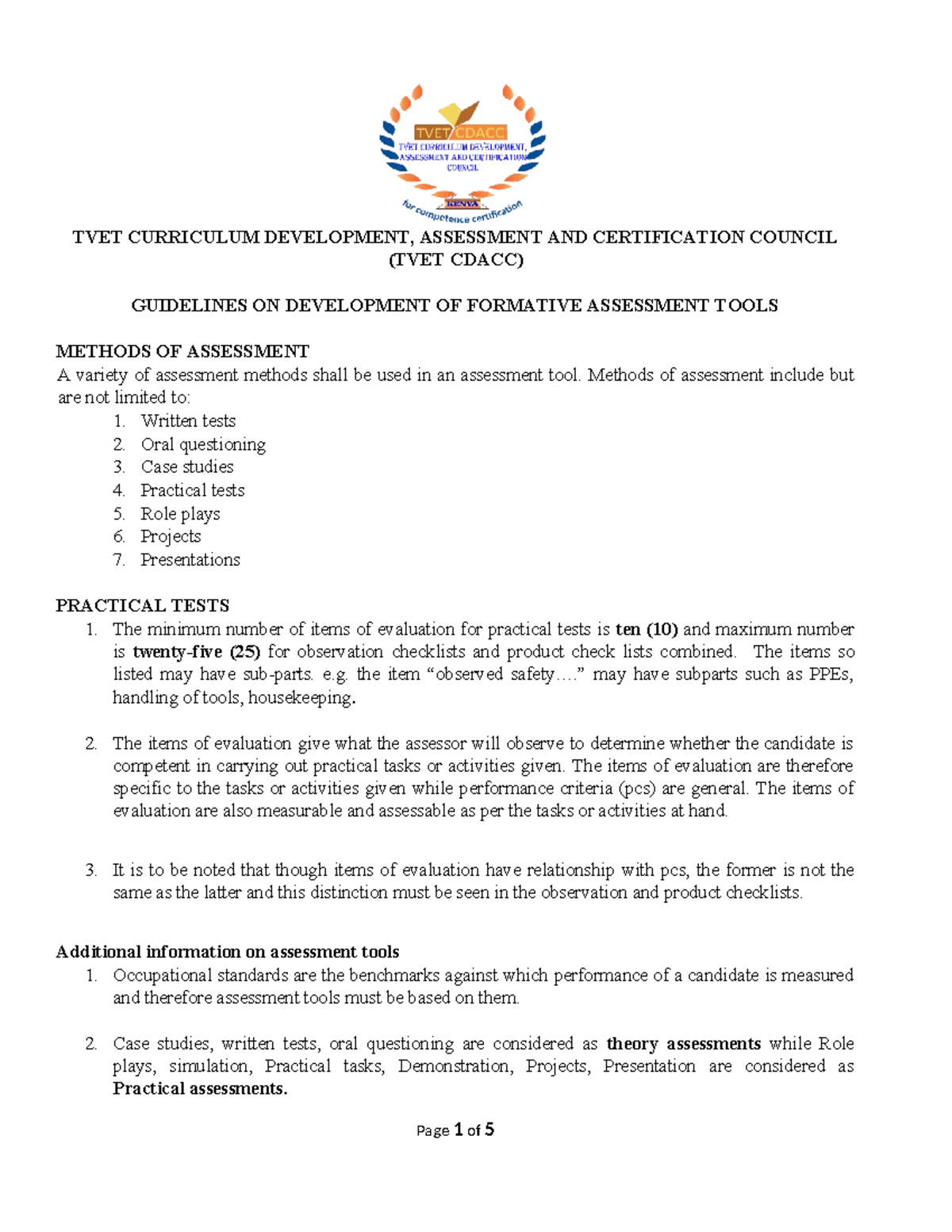 Guidelines for Formative Assessment Tool Development (TVET CDACC) - Studocu