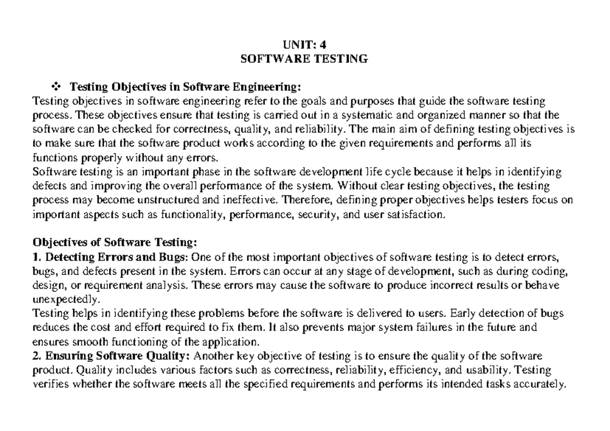 Unit 4: Software Testing Objectives and Best Practices in SE - Studocu