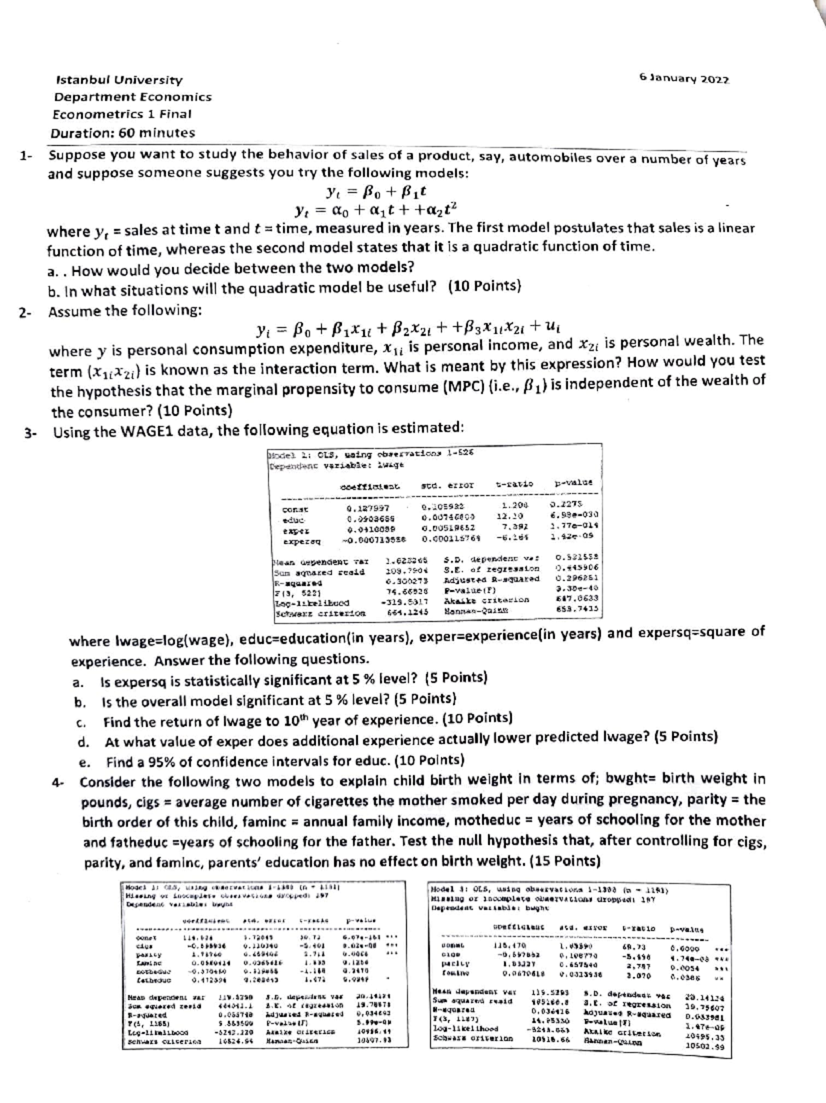 Econometrics I 21-22 Final Exam Study Guide - Studocu