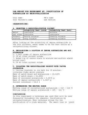Experiment 3 Lab Report - Experiment 3: Crystallization Performed by ...