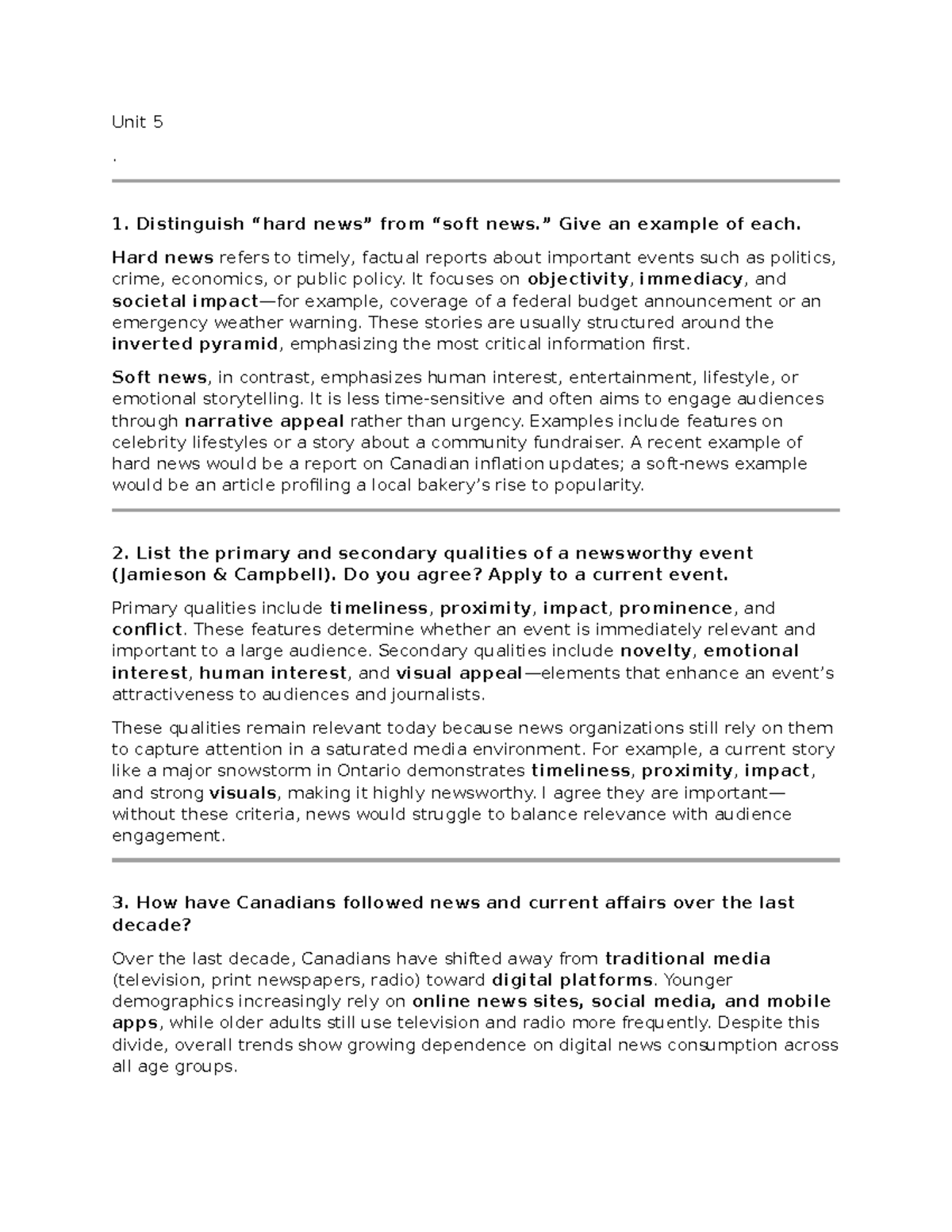 Unit 5 - Study Questions on Hard vs. Soft News and Media Impact - Studocu