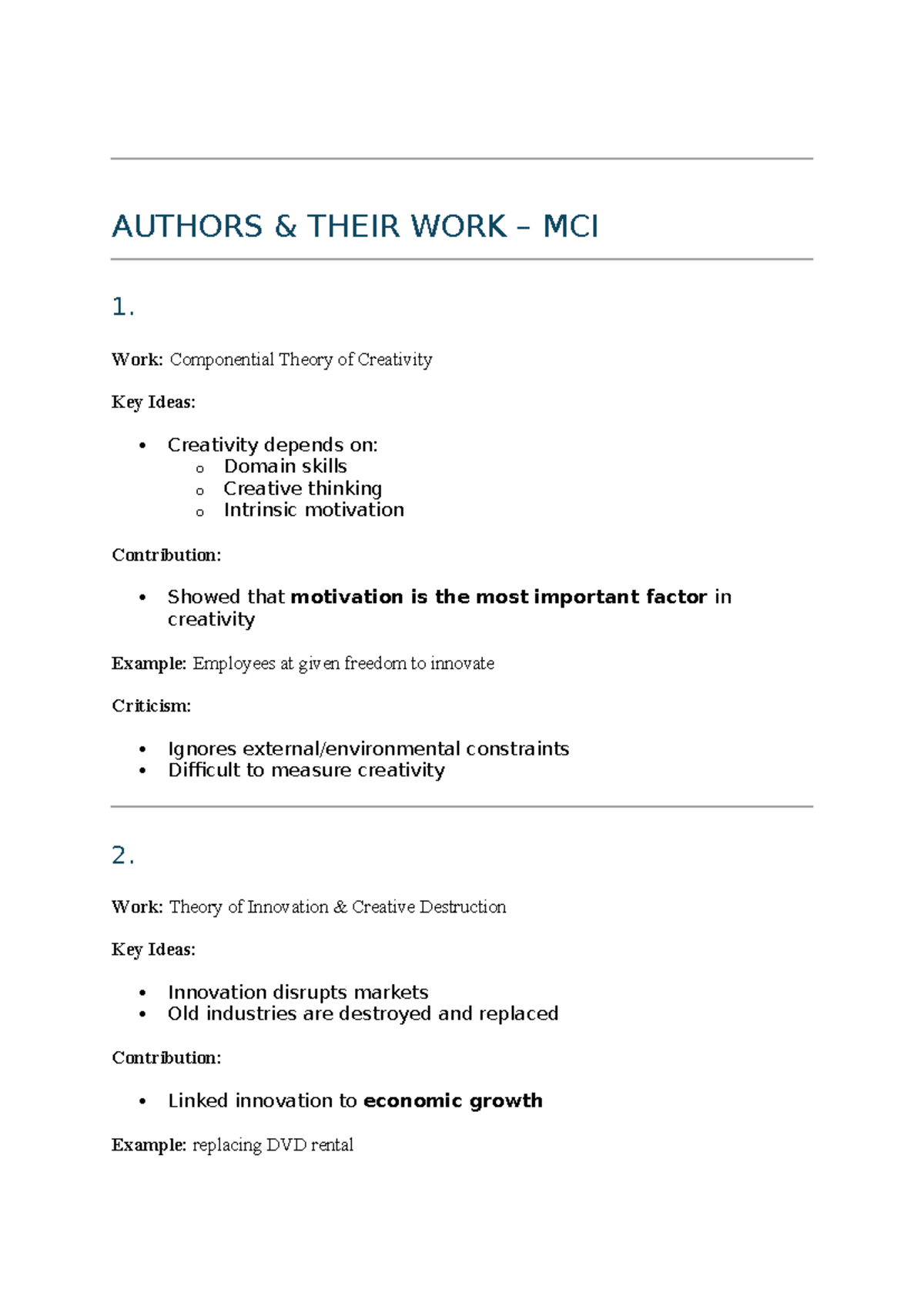 MCI - Key Concepts in Creativity and Innovation Theory Notes - Studocu