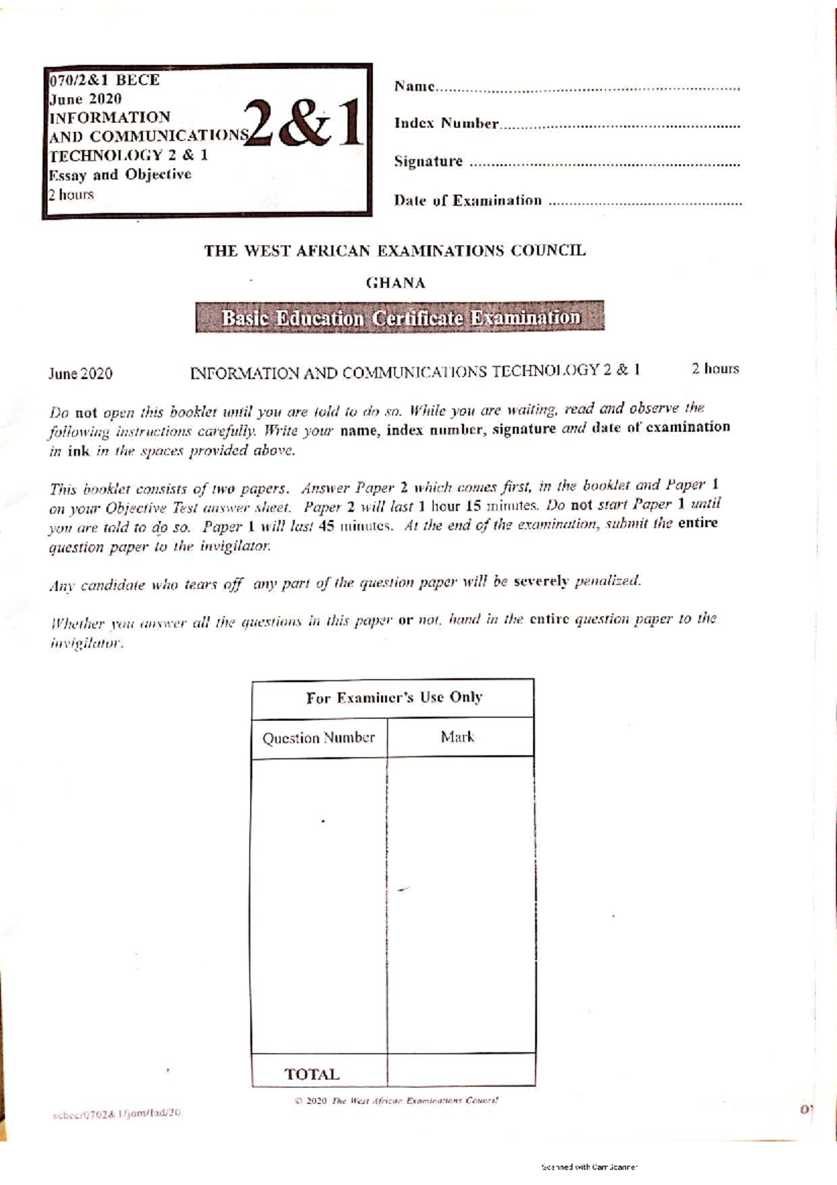 BECE ICT 2020 Exam Questions and Instructions - Studocu
