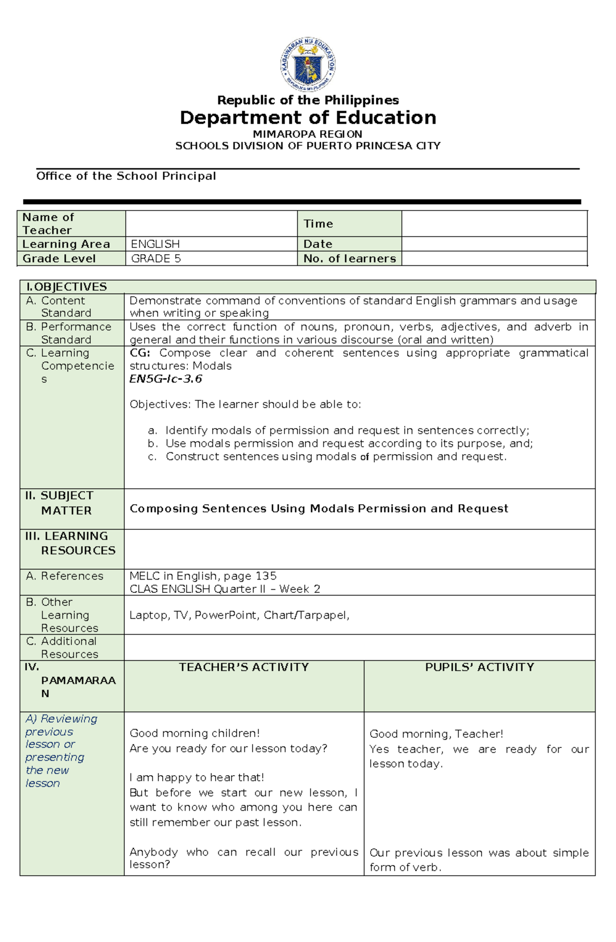 Modals Lesson Plan for English Grade 5 (CG: Week 2) - Studocu