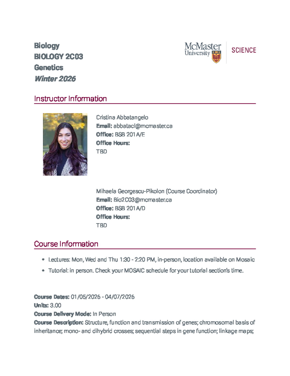 Biology 2C03 Genetics Course Overview and Instructor Details - Winter ...