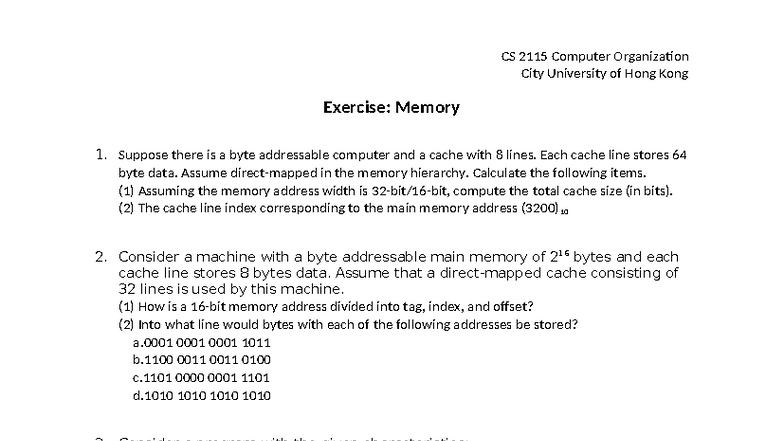 CS 2115 Computer Organization: Memory Exercise and Calculations - Studocu