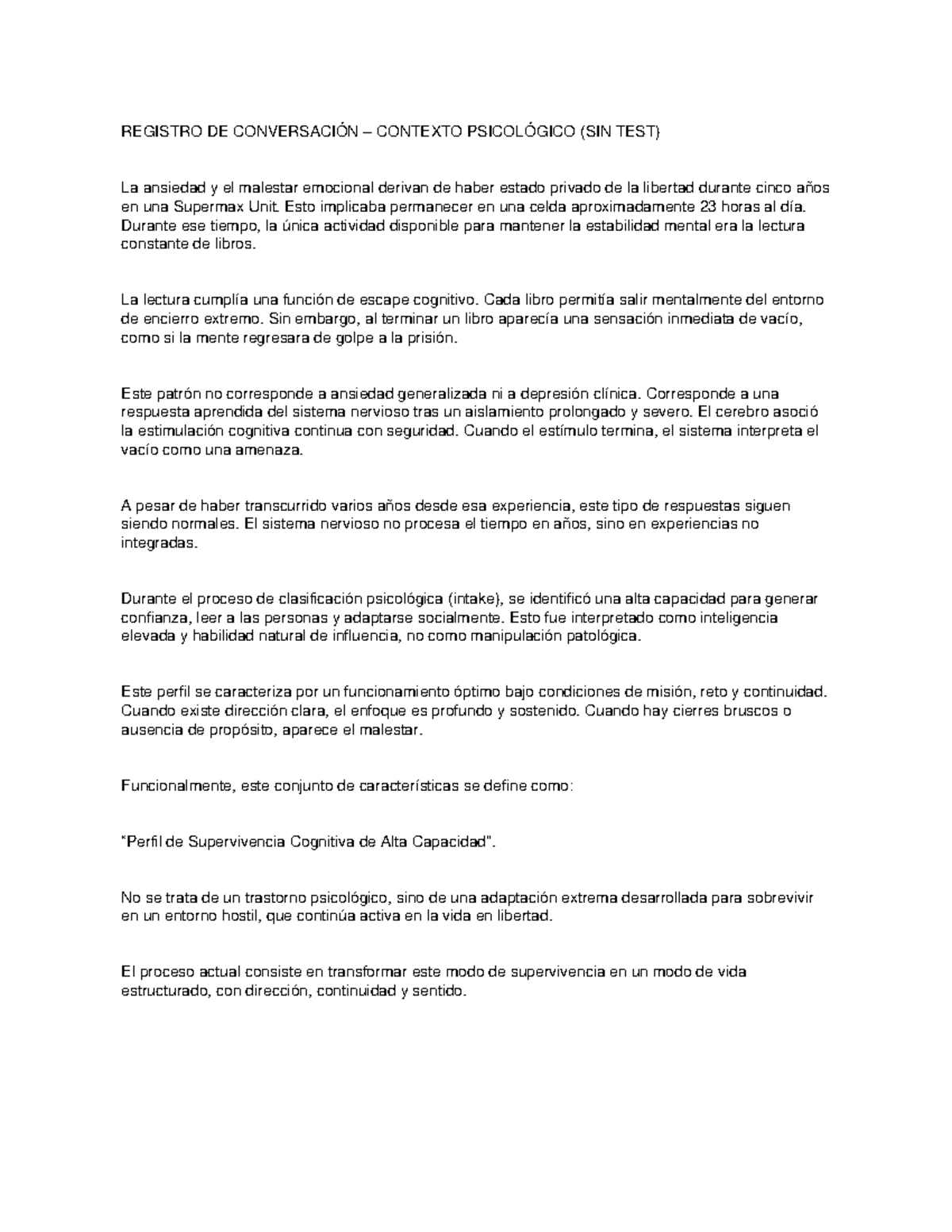 Conversación Supermax: Adaptación Psicológica y Cognitiva - Studocu