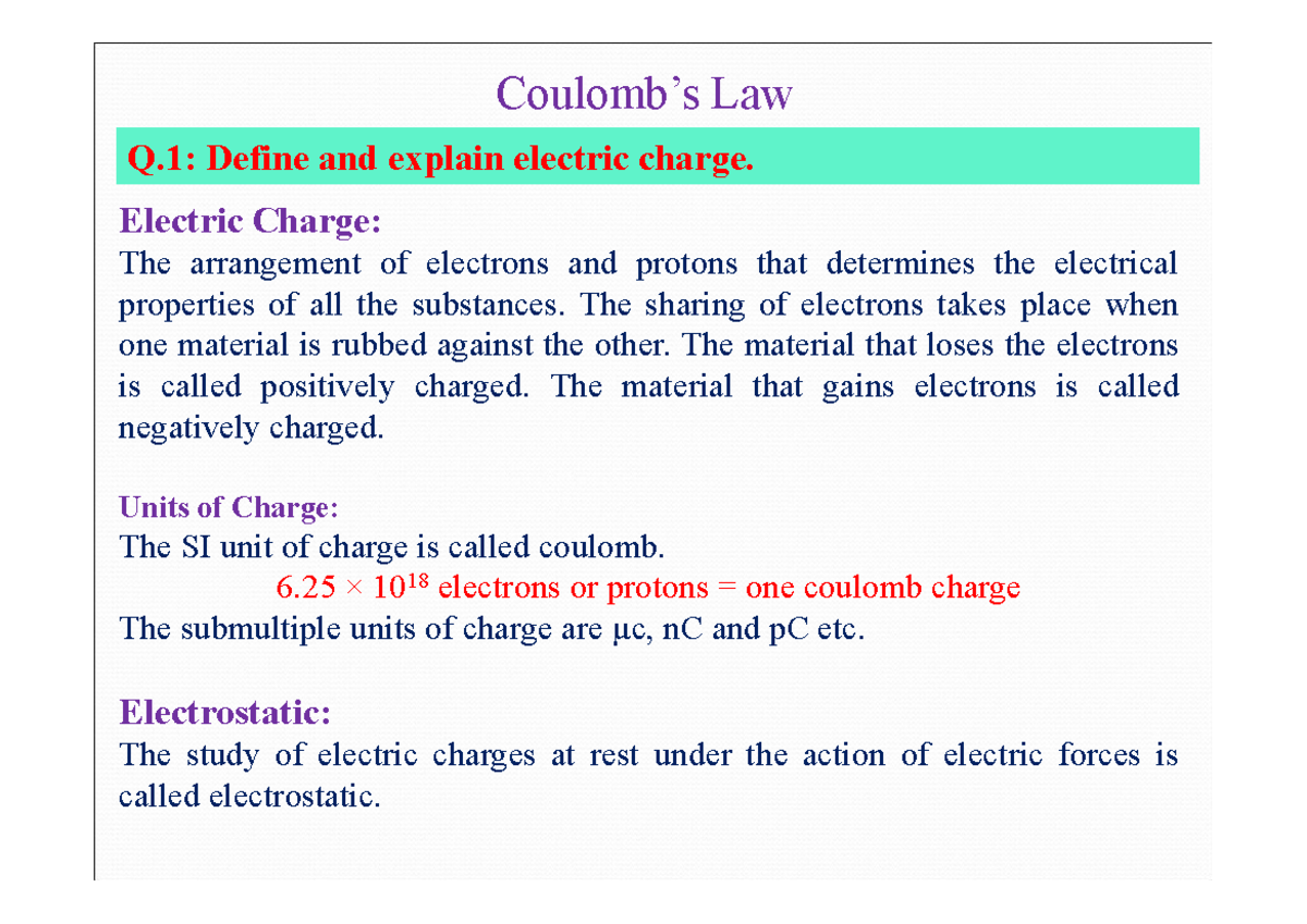 Applied Physics Chapter: Electric Charge and Coulomb's Law - Studocu