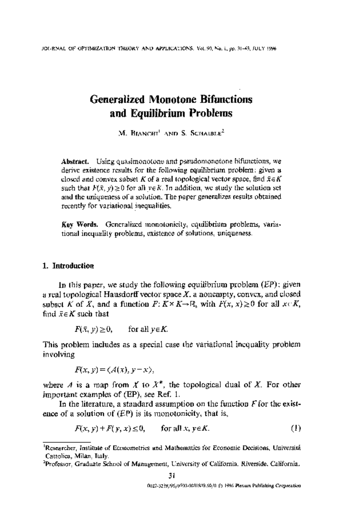 Generalized monotone bifunctions and EP - JOURNAL OF OPTIMIZATION ...