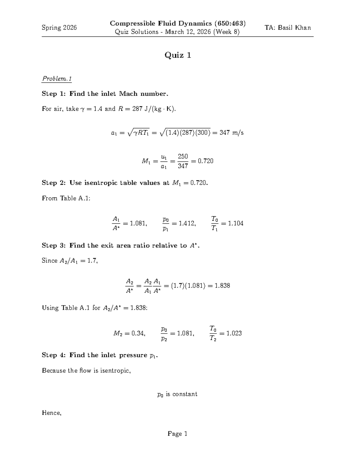 Spring 2026 Compressible Fluid Dynamics (650:463) Week 8 Quiz Solutions ...