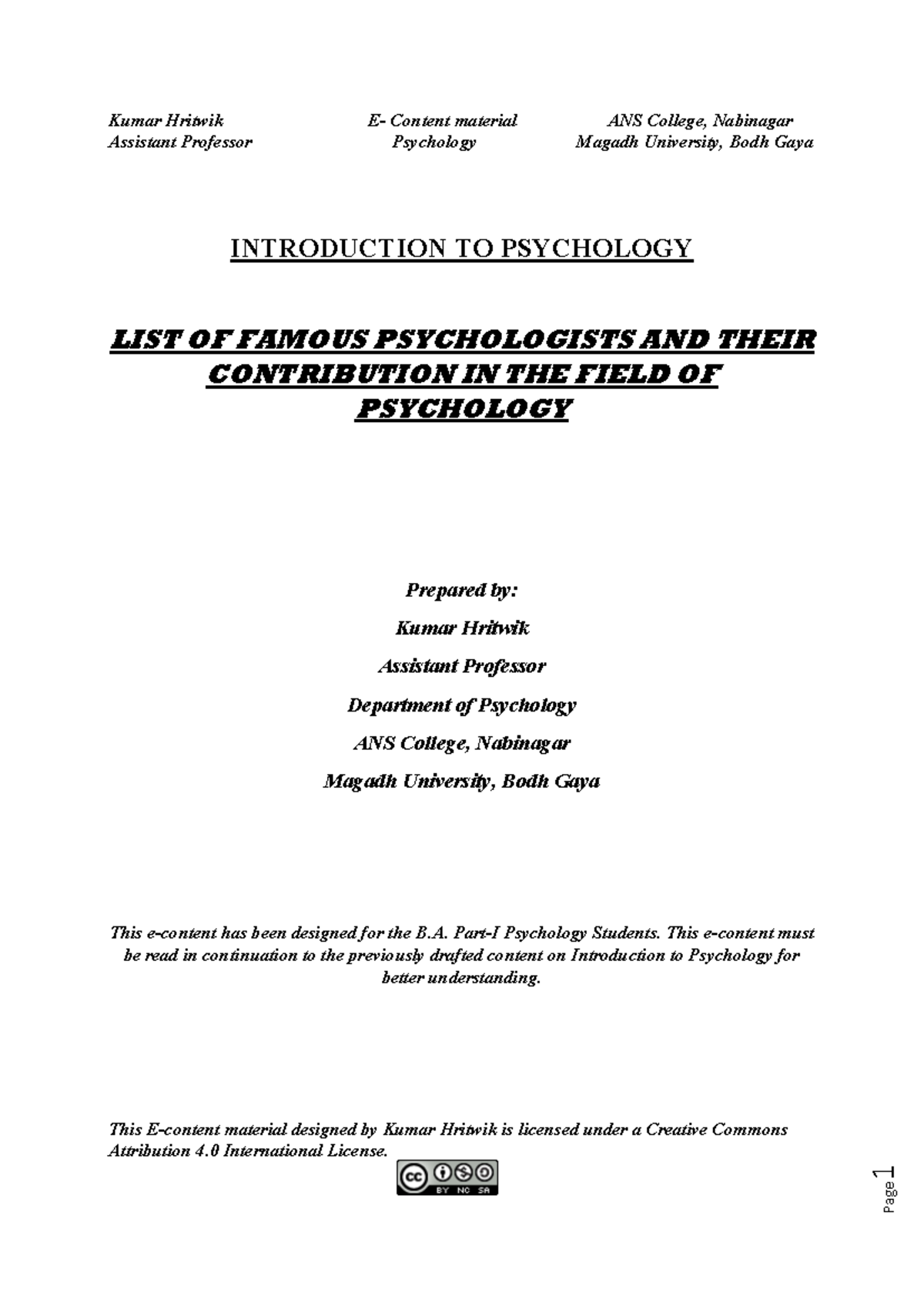 Famous Psychologists and Their Contributions in Psychology (B.A. Course ...