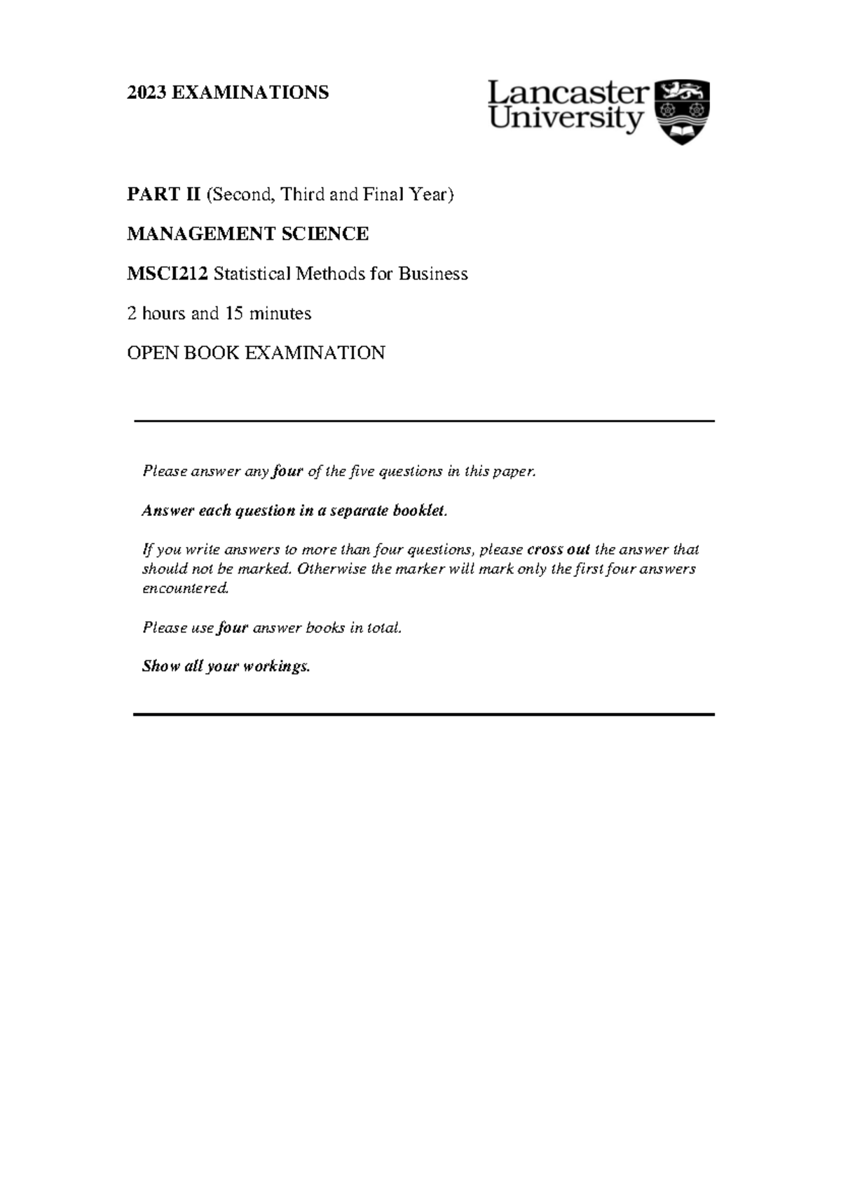 MSCI212 Final Exam 2023: Statistical Methods for Business - Studocu